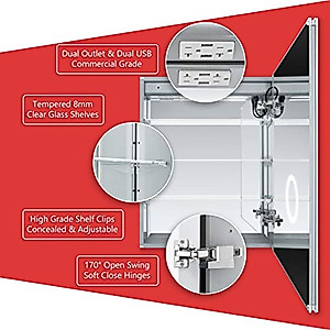 DECADOM LED Mirror Medicine Cabinet Recessed or Surface, Defogger, Dimmer, Clock, Room Temp Display, Makeup Mirror 3X, Outlets & USBs (RUBiNi 24x32/R)