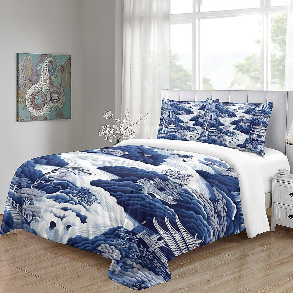 HOUKIG Chinoiserie Blue Bedding Set 3D Printed Comforter Covers Duvet Cover Quilt Cover with Pillowcases 3 Pieces Microfiber for Childrens and Adults with Zipper Closure Queen（228x228cm）