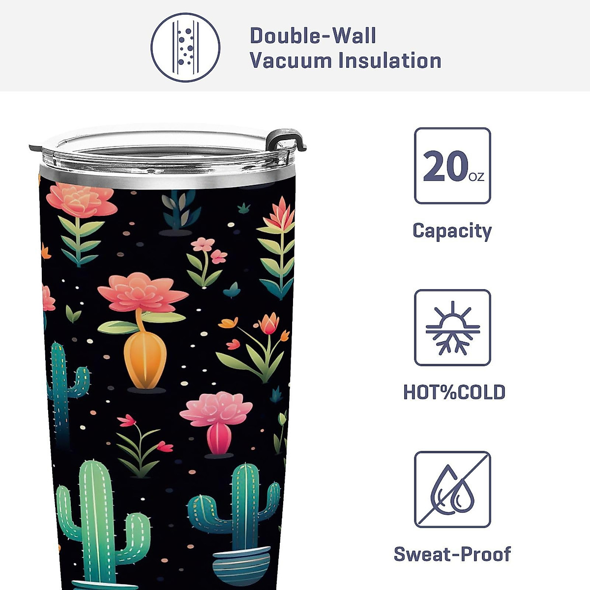 Wassud Cactus Pattern 20 oz Tumbler with Lid and Straw Stainless Steel Double Wall Vacuum Tumblers Insulated Travel Coffee Mug for Cold and Hot Drinks