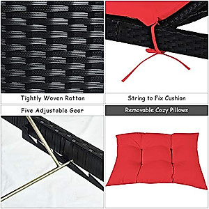 Tangkula Outdoor Chaise Lounge Chair, 5-Position Adjustable Rattan Recliner Chair w/Cushioned Seating and Adjustable Feet, Multifunctional Couch Furniture for Garden, Patio, Poolside (1, Red)