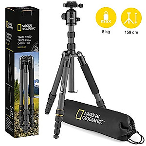 NATIONAL GEOGRAPHIC Travel Tripod Kit,90°Column 5-Section Legs, Carbon Fiber, Compatible with Canon, Nikon DSLR, Twist Locks 360 Degree Ball Head,Quick Release Plate, 8KG Load Capacity with Carry Bag