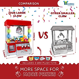 Bundaloo Claw Machine Arcade Game - Electronic Mini Candy and Toy Grabber Dispenser for Kids - with Lights Sound & 4 Mini Plush Animals (Red)