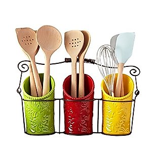 ienjoyware Kitchen Utensil Holder Set (4 Pieces) - 3 Ceramic Crocks & 1 Portable Wire Caddy - Multi-Color