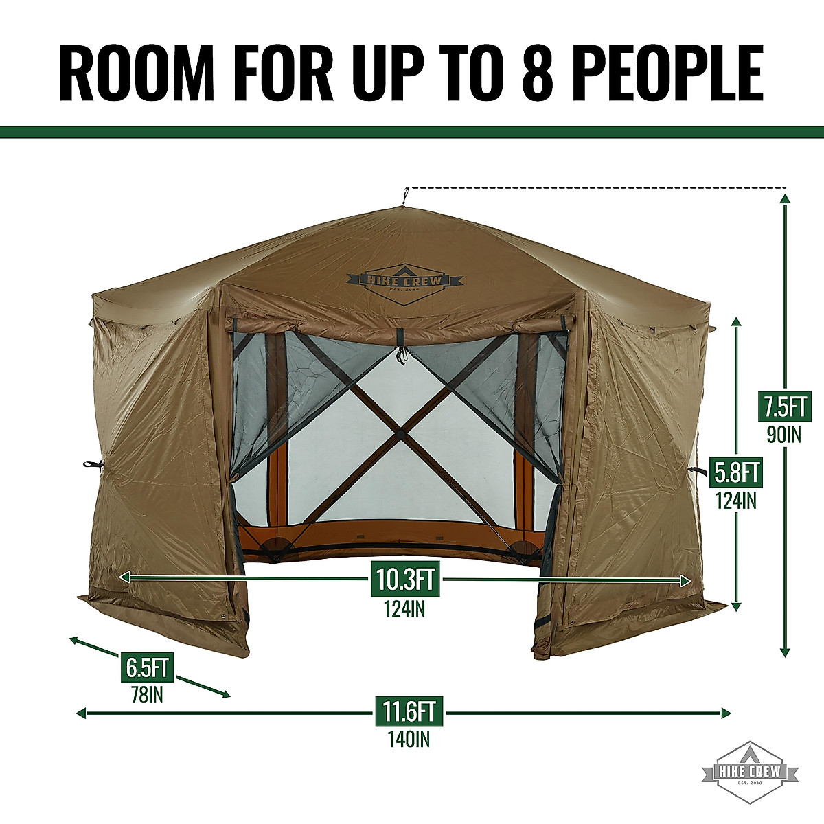 Hike Crew 12’x12’ Pop-Up Gazebo Screen Tent | 6-Sided Outdoor Canopy Shelter w/Built-in Zippered Wind Panels, Built-in Awning, Stakes, Ropes & Carry Bag for Camping & Sports | UV Resistant SPF 50+