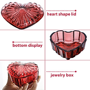 kanpura Crystal Glass Heart-Shaped Jewelry Box,Candy Box with Lid,Women's Covered Earrings Necklace Chest Trinket Storage Box, Glass Storage Jar Gift Box for Women and Girls(Burgundy)