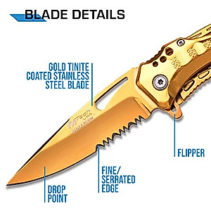 MTech USA – Spring Assisted Folding Knife – Partially Serrated Gold TiNite Coated Stainless Steel Blade, Gold TiNite Coated Aluminum Handle, Pocket Clip, Tactical, EDC, Self Defense- MT-A705GD