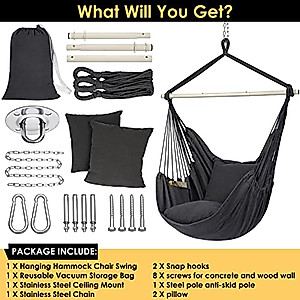 Y- Stop Hammock Chair Hanging Rope Swing, Max 500 Lbs, 2 Seat Cushions Included, Quality Cotton Weave for Superior Comfort, Durability with Hardware kit (Dark Grey)