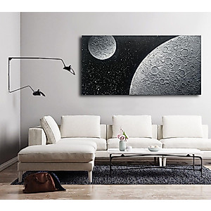 Landswaydecor Black and Grey Wall Art Moon Surface Canvas Oil Painting Home Decor Hand Painted Modern Textured 3D Artwork for Bedroom Living Room