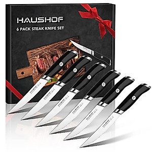 HAUSHOF Steak Knives Set of 6, German Stainless Steel Premium Serrated Steak Knife Set with Gift Box, Full Tang Design with Ergonomic Handle, Gifts Knife Set for Dad, Mom, Husband and Wife