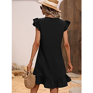 SOLY HUX Summer Dresses for Women V Neck Cap Sleeve Ruffle Hem Smock Short Dress Solid Black M