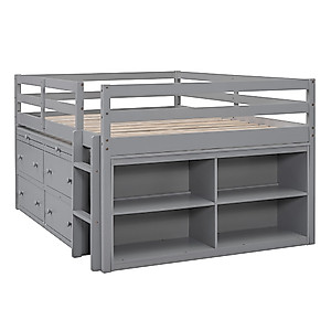 VilroCaz Full Size Low Loft Bed with Retractable Writing Desk and 4 Drawers, Multiple Functions Wooden Loft Bed Frame with Storage Shelves for Kids Teens Boys Girls, Sturdy Slats Support (Grey-AFULL)