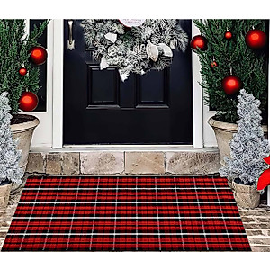 Christmas Outdoor Rugs 24 x 51''Black Red Buffalo Plaid Front Porch Rug Hand-Woven Machine Washable Indoor/Outdoor Layered Door Mats for Entryway/Bedroom/Outdoor