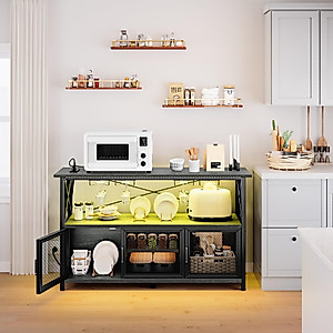 YITAHOME 55" Coffee Bar Cabinet with LED Lights Power Outlets, Industrial Liquor Cabinet Home Wine Bar Table with Wine Rack Storage Sideboard Buffet Cabinet for Living Room Kitchen Dining Room