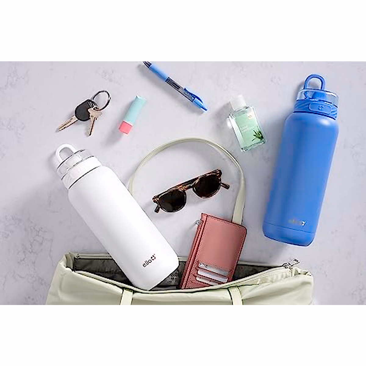 Ello Cooper Vacuum Insulated Stainless Steel Water Bottle with Soft Straw and Carry Loop, Double Walled, Leak Proof, White, 22oz