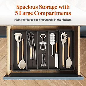 Lifewit Utensil Organizer for Kitchen Drawers, Expandable Cooking Utensil Tray, Adjustable Cutlery Silverware Flatware Holder, Plastic Kitchen Spatula Tools and Gadgets Storage Divider, Large, Black