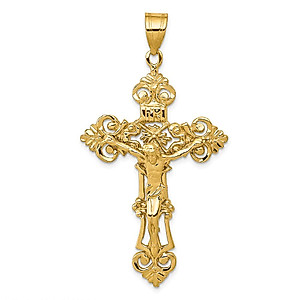 Solid 14k Yellow Gold INRI Fleur De Lis Cross Pendant Crucifix Charm - 57mm x 31mm