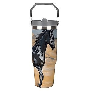 WITHSBKK 30oz Car Cup Black Arabian Horse Printed with Portable, Stainless Steel Travel Mug, Vacuum Insulated Tumbler And Straw, Leakproof for Car & Outdoor, UV Printed Design