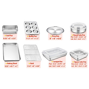 TeamFar Bakeware, Stainless Steel Bakeware Set with Baking Sheet and Rack, Lasagna Pan with Lid, Square & Round Cake Pan with Lid, Muffin Pan & Loaf Pan, Pizza Pan, Healthy & Dishwasher Safe