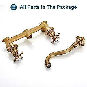 Antique Brass Bathroom Widespread Sink Faucet Wall Mount 3 Holes 2 Cross Knobs Brass Lavatory Basin Mixer Tap Mixing Spout Double Handles Commercial