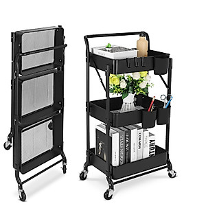 johgee Foldable 3 Tier Metal Utility Rolling Cart, Folding Mobile Multi-Function Storage Trolley Organizer Cart for Home Library Office(Black)