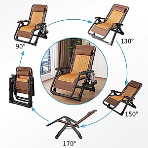 Zero Gravity Reclining Chair Folding Sun Lounge Chair Bamboo with Adjustable Backrest and Pillow & Cup Holder, Outdoor Portable Leisure Deck Chair for Garden Patio Backyard Beach