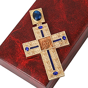 Nazareth Store Pectoral Cross Wooden Jesus Face Crucifix Pendant Icon Blue Crystallized Stones Elements Christian Priest Bishop Necklace 23"
