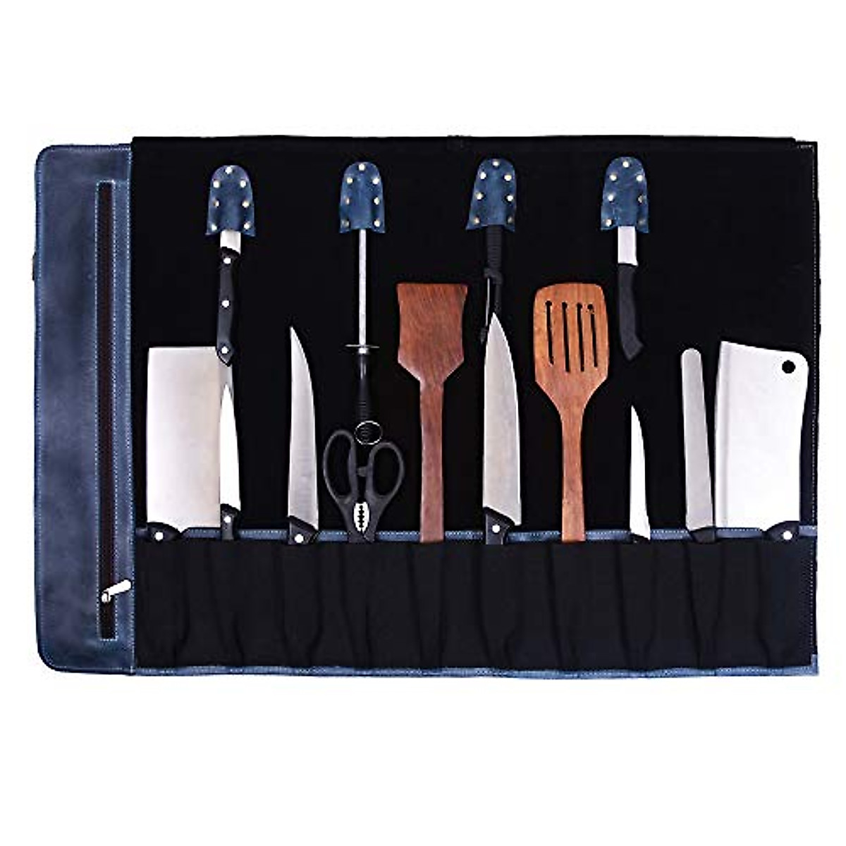 Leather Knife Roll Storage Bag, Elastic and Expandable 10 Pockets, Adjustable/Detachable Shoulder Strap, Travel-Friendly Chef Knife Case By Aaron Leather Goods