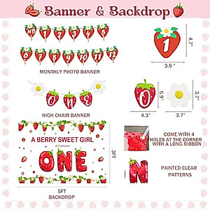 Berry Sweet One Birthday Party Decorations, Fiesec Berry First Strawberry 1st Birthday Party Decorations Backdrop Balloon Garland Monthly Photo High Chair Banner Box Cutout Crown Poster