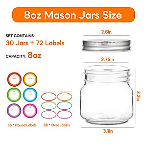30 Pack Small Mason Jars 8 oz with Lids, Half Pint Canning Jars with 72 Free Labels, Regular Mouth Glass Jars for Canning, Preserving, Candle, DIY & Meal Prep