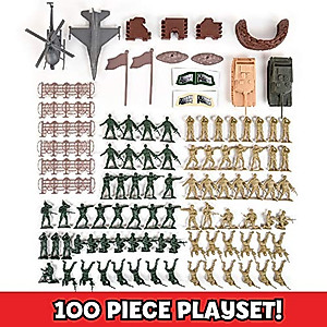 Sunny Days Entertainment Military Battle Group Bucket Over 100 Assorted Soldiers and 20 Accessories Toy Play Set for Kids, Boys and Girls | Plastic Army Men Figures with Storage Container