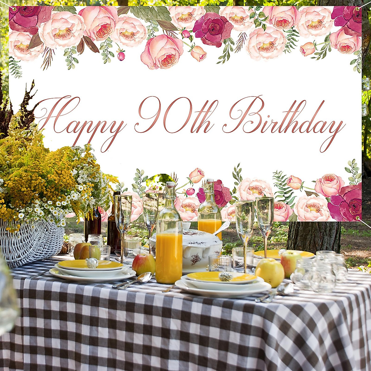 Vlipoeasn Elegant White Happy 90th Birthday Decorations for Women Rose Gold Flower Peony Photography Backdrop for 90th Birthday Party Surprise for Mother Cheers to 90 Years Old Birthday Party Supplies