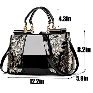 XingChen Women Patent Leather Fashion Handbags Double Sided Sequin Embroidery Shoulder Bag Top Handle Satchel Purse Black