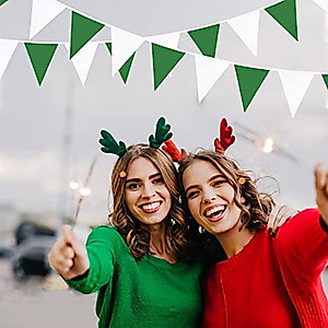 32Ft Green and White Banner Party Decorations Triangle Flag Fabric Banner Cotton Pennant Bunting Garland for Christmas Wedding Birthday Home Nursery Outdoor Garden Hanging Festivals Decoration