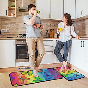 Kitchen Rugs and Mats 2 Pieces Rainbow Butterflies Anti Fatigue Kitchen Rug Set Non Slip Bath Mat Entry Floor Carpet Entrance Door Mat Runner 20"x28"+20"x47" 20"x28"+20"x47"