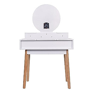 Bituman Makeup Vanity Set with 3-Color Dimmable Lighted Mirror, Bedroom Makeup Dressing Table with Cushioned Stool Modern Vanity Desk with 4 Drawers for Girls Women, White+Gray