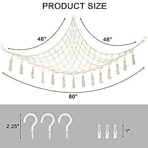 LotFancy Stuffed Animal Net or Hammock, 60"x48"x48", Large Macrame Toy Hammock, Hanging Plushie Net, Stuff Animal Storage Ideas, Corner Net Toy Holder for Kids Room Nursery Bedroom, Beige