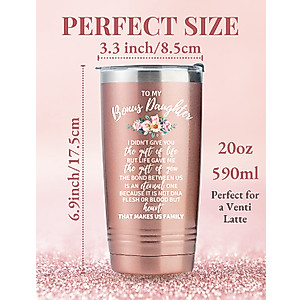 Onebttl Bonus Daughter Gifts, Gifts for Bonus Daughter on Birthday, Christmas or Thanksgiving, 20oz Stainless Steel Travel Mug with Lid and Straw Rose Gold - To My Bonus Daughter