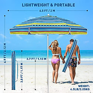 FEFLO Beach Sand Umbrella Portable Outdoor: 7ft Arc Length 6.5ft Diameter Large Striped Heavy Duty Wind Proof UV 50+ Parasol with Anchor Adjustable Tilt Pole 8 Ribs Carry Bag Lightweight
