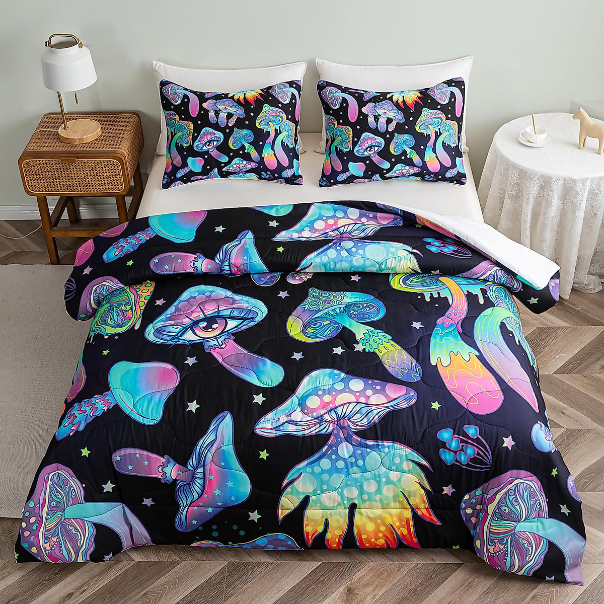 Dropshipful Cute Mushroom Bedding Sets, Twin Cartoon Mushroom Comforter Set, Mushroom Gifts for Women 3PC Black Comforter and 2 Pillowcases