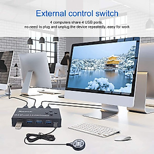 KCEVE USB 3.0 Switch, USB Switcher Selector 4 Computer Sharing 4 USB Devices Printer, Scanner, Mouse, Keyboard, Compatible with Mac/Windows/Linux, with 4 Pack USB 3.0 Cables
