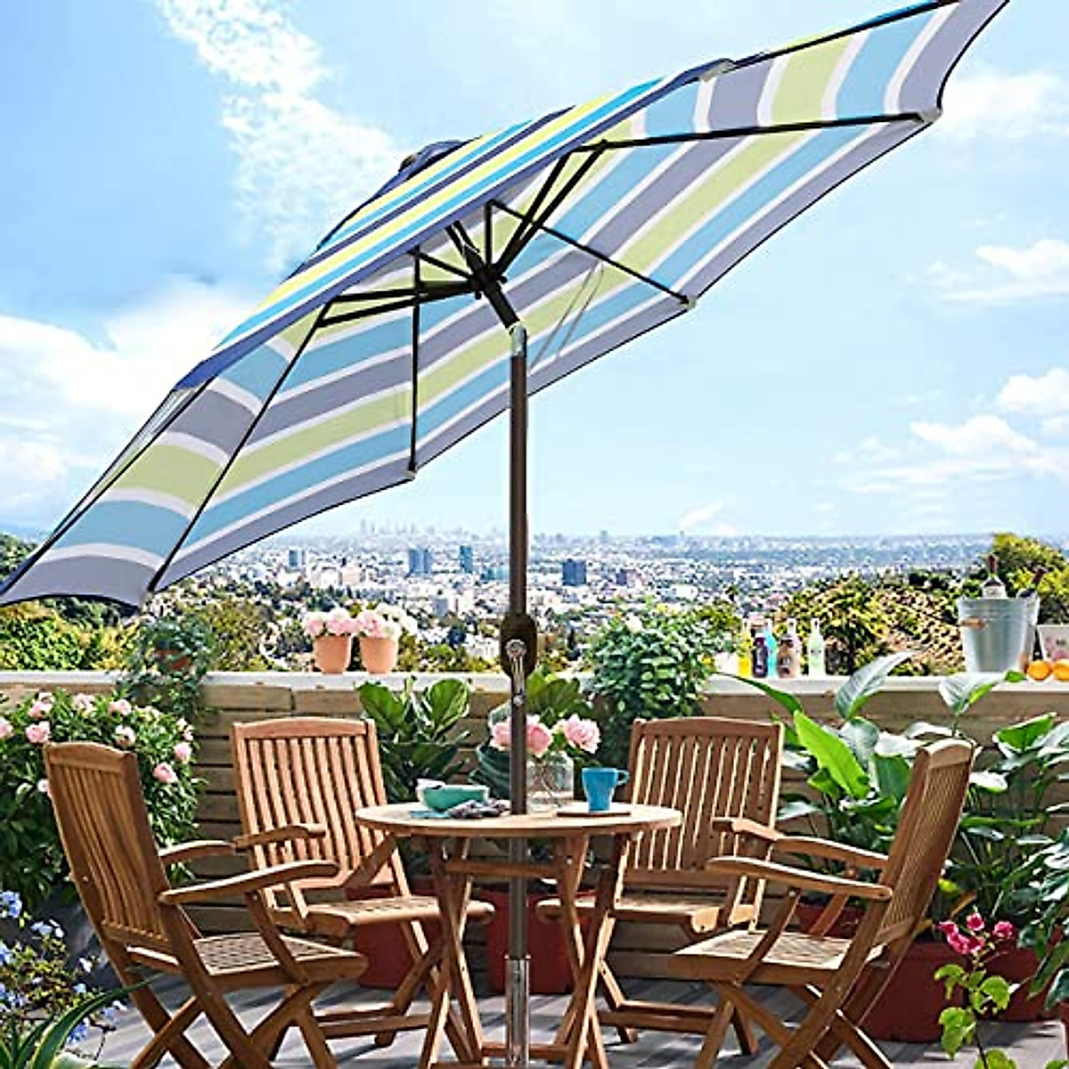 Blissun 9' Outdoor Aluminum Patio Umbrella, Striped Patio Umbrella, Market Striped Umbrella with Push Button Tilt and Crank (Blue and Green)