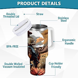 Jihqo Western Cowboy Dessert 40 oz Stainless Steel Vacuum Insulated Tumbler with Handle and Straw Lid, Leakproof Water Bottle Double Wall Travel Mug Coffee Cup, Cupholder Friendly