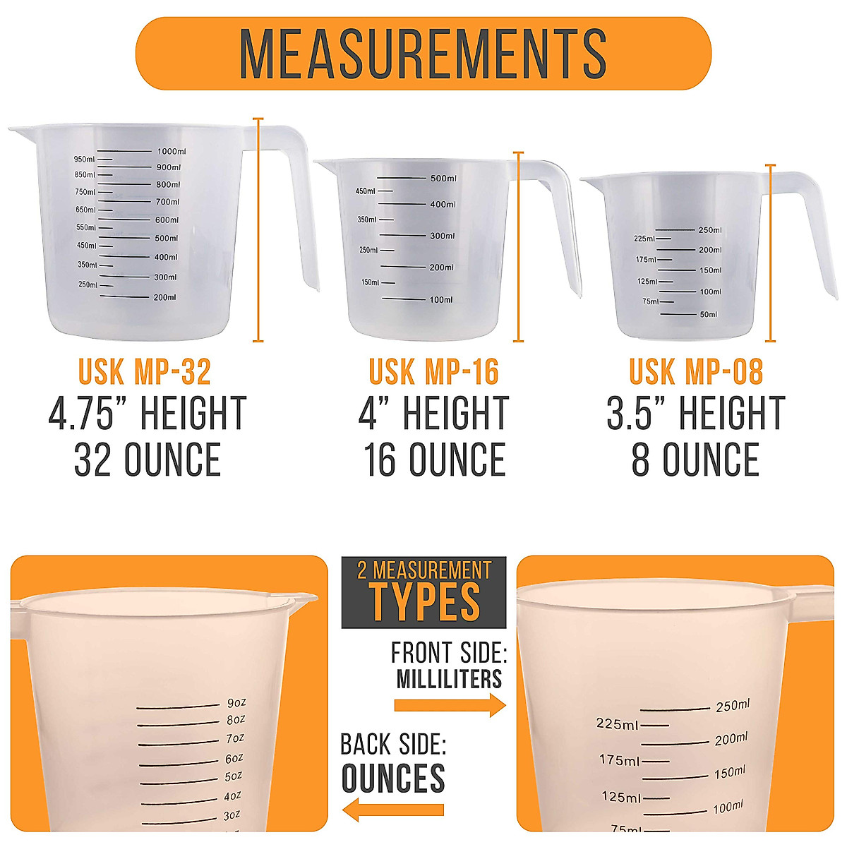 U.S. Kitchen Supply - Set of 3 Plastic Graduated Measuring Cups with Pitcher Handles - 1, 2 and 4 Cup Capacity, Ounce and ML Cup Markings - Measure & Mix Recipe Ingredients, Flour, Water, Oil, Batter