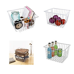 Freezer Organizer Baskets, Refrigerator Deep Metal Wire Food Storage Divider, Household Container Bins with Handles for Kitchen Cabinet, Pantry, Closet, Car, Bathroom, Office - Pearl White (3)