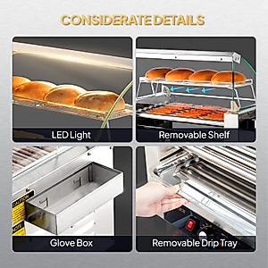 18 Hot Dog 7 Roller 1050W, Hot Dog Roller Grill Cooker Machine w/LED Lighting, Dual Temp Control, Cover, Removable Shelf & Drip Tray for Home Party Commercial