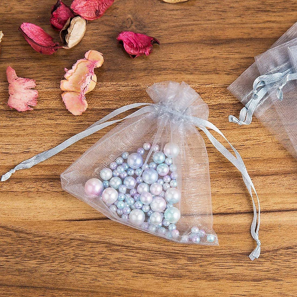 Jwenic 100 Pcs Gifts Organza Bags 4x6 Inch Silver Gray Drawstring Sheer Fabri Crecycled Shiny Portable Pouch for Jewelry Baby Shower Christmas Toddler Twin Girl Party Favors Wedding Halloween Business