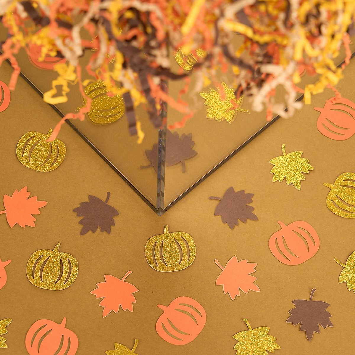 PAPER FAIR 1 LB Harvest Crinkle Cut Paper Shred Filler w/Pumpkin Leaf Confetti, Chocolate Brown/Orange/Yellow Fall Leaves Raffia Tissue Craft Bedding Cushion for Thanksgiving