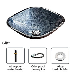 Bathroom Vessel Sink with Drain Combo, Countertop Bathroom Sink Bowl Tempered Glass Vanity Sink Bowl On the Top Navy Blue Vessel Bowl Sink, Does Not Include Faucet,Oval (Square Oval)