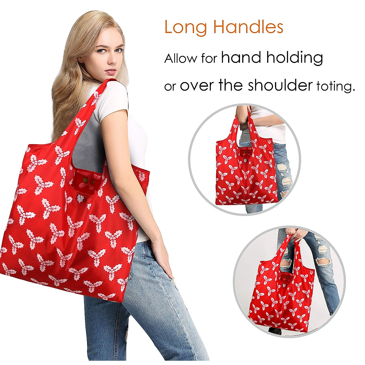 BeeGreen Christmas Red Reusable Grocery Bags 12 Pack with Storage Pouch & Elastic Band Gift Bags Shopping Tote Bags Bulk Ripstop 50LBS Extra Large Foldable Machine Washable