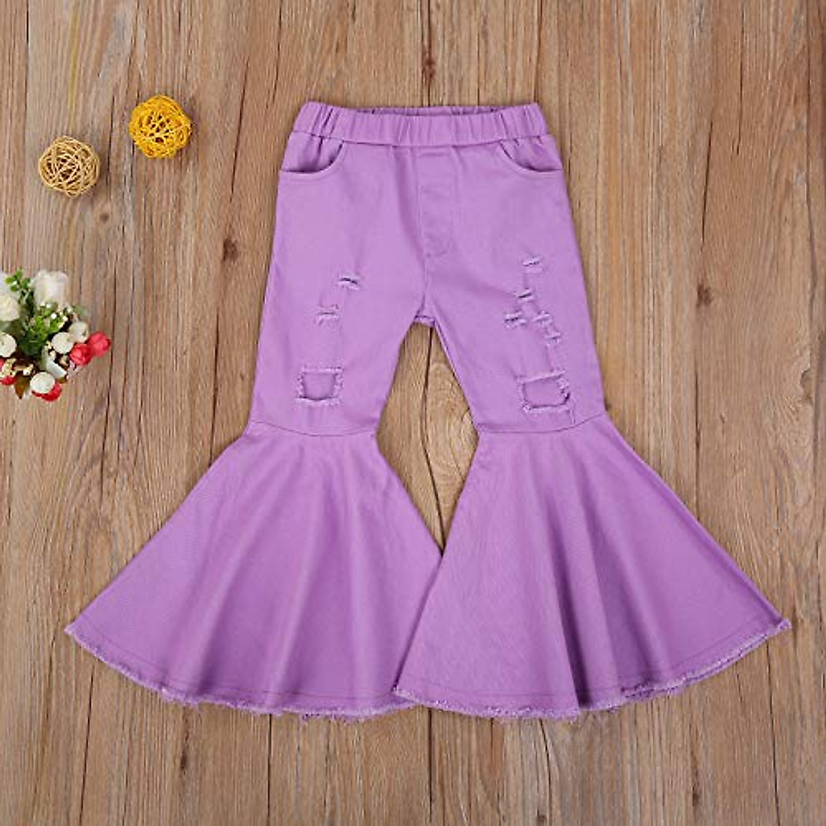 yuhappy Toddler Kid Baby Girls Denim Jeans Bell Bottom Flare Pants Leggings Trousers Special Two Layers Ruffle Pant (Purple,5-6X)